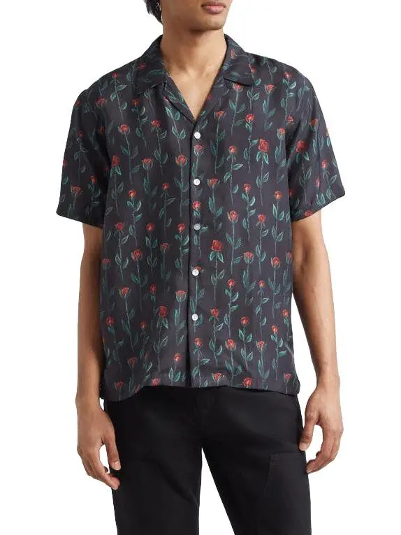 ENDLESS JOY Rose Print Silk Twill Button-up Shirt - Black/ Red