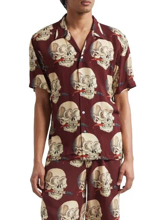 ENDLESS JOY Skull Print Camp Shirt - Oxblood