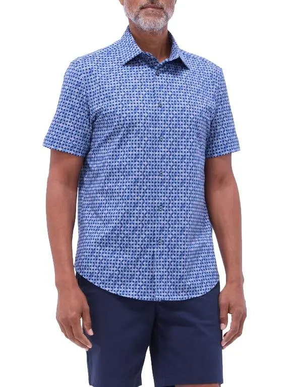 Bugatchi Miles Ooohcotton® Geo Print Short Sleeve Button-up Shirt - Night Blue