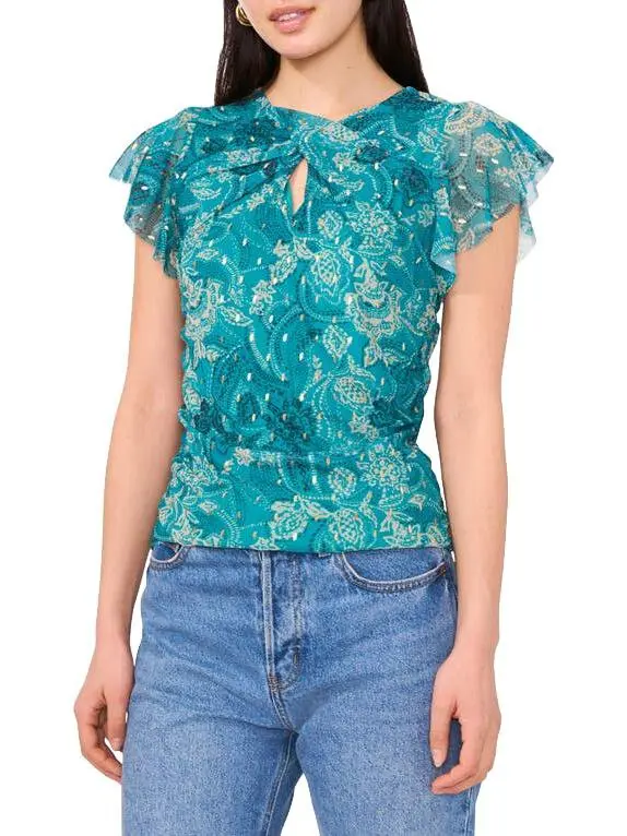 Vince Camuto Flutter Sleeve Clip Dot Mesh Top - Cool Lapis