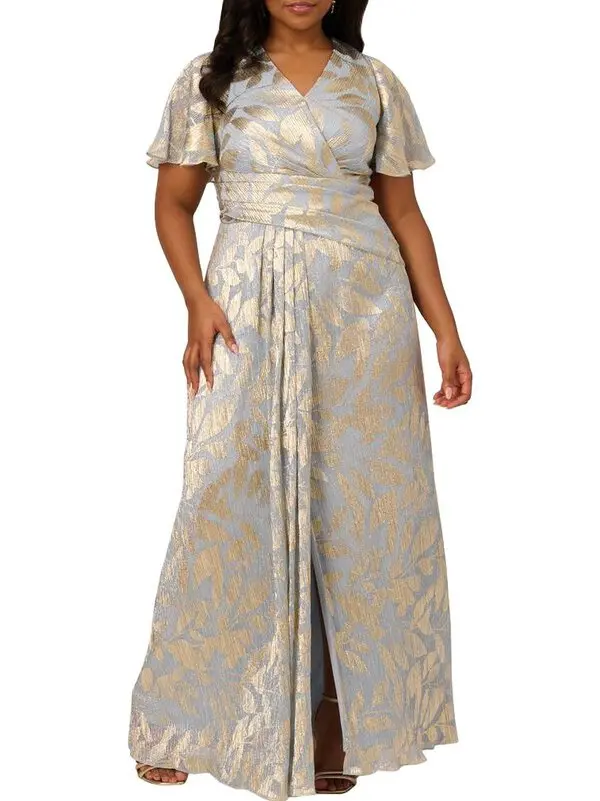 Adrianna Papell Metallic Leaf Jacquard Draped Gown - Light Blue/ Gold