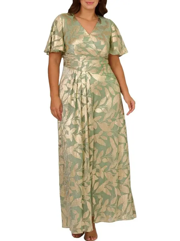 Adrianna Papell Metallic Leaf Jacquard Draped Gown - Sage/gold