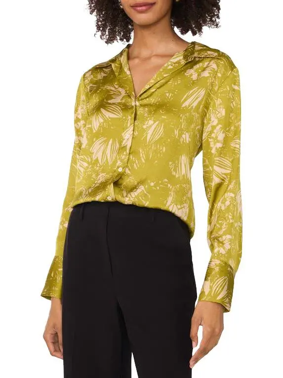 Vince Camuto Charmeuse Tropical Print Button-up Top - Green Oasis