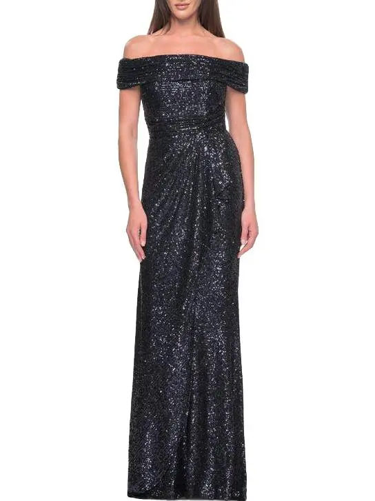 LABOMME Off-the-shoulder Sequin Gown - Navy
