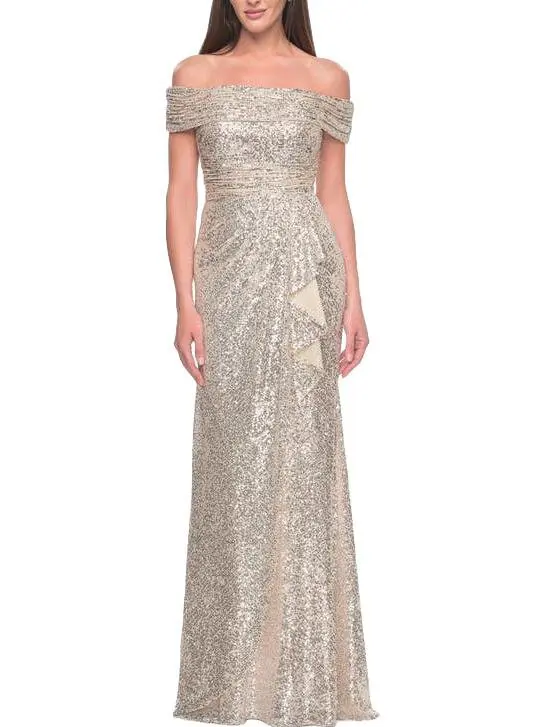 LABOMME Off-the-shoulder Sequin Gown - Silver