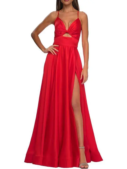 LABOMME Satin A-line Gown With Cut Out And Twist Bodice - Hot Coral