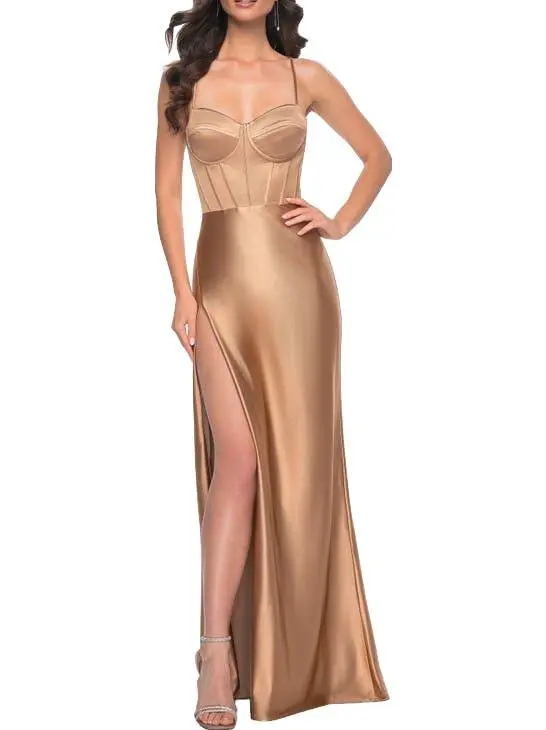 LABOMME Stretch Satin Gown With Bustier Top And Lace-up Back - Bronze