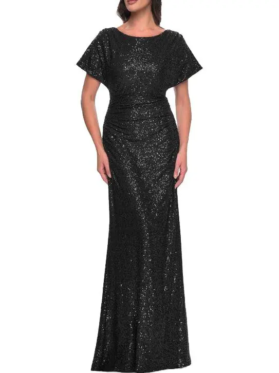 La Femme Sequin Evening Dress - Black