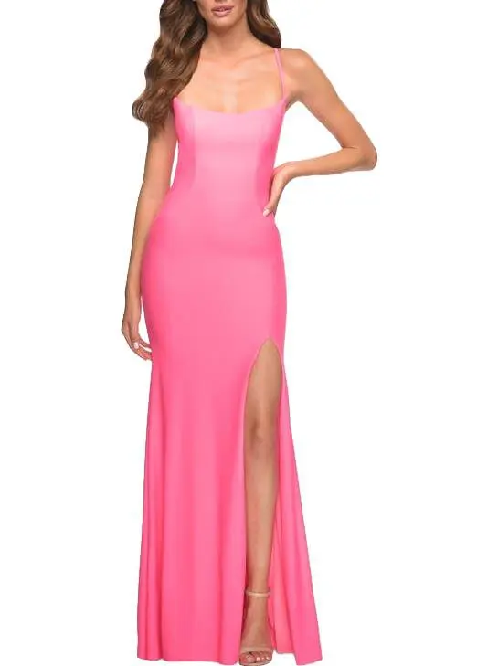 LABOMME Jersey Column Gown With Slit - Light Coral