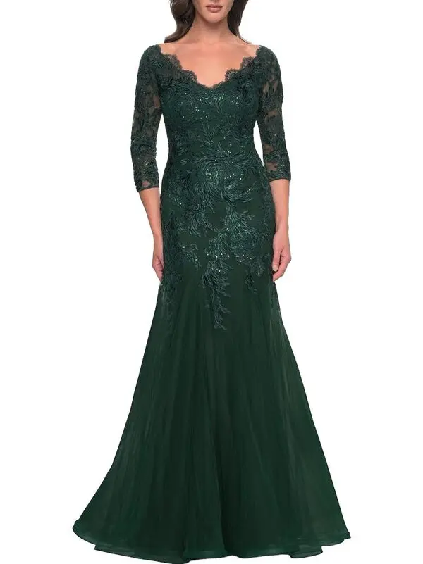 La Femme Mermaid Lace And Tulle Gown - Emerald