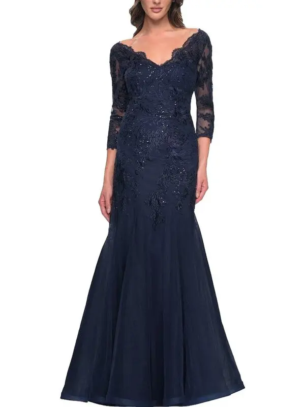 LABOMME Mermaid Lace And Tulle Gown - Navy