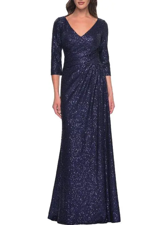 La Femme Long Sequin Gown - Navy
