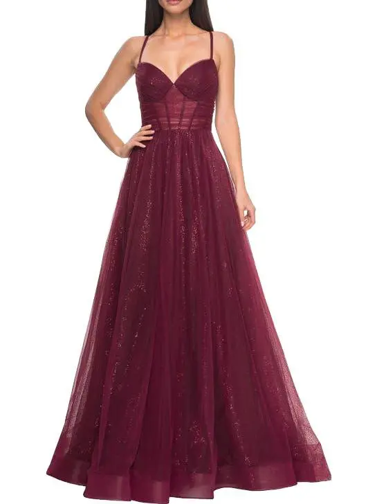 LABOMME A-line Gown With Illusion Corset Top - Dark Berry