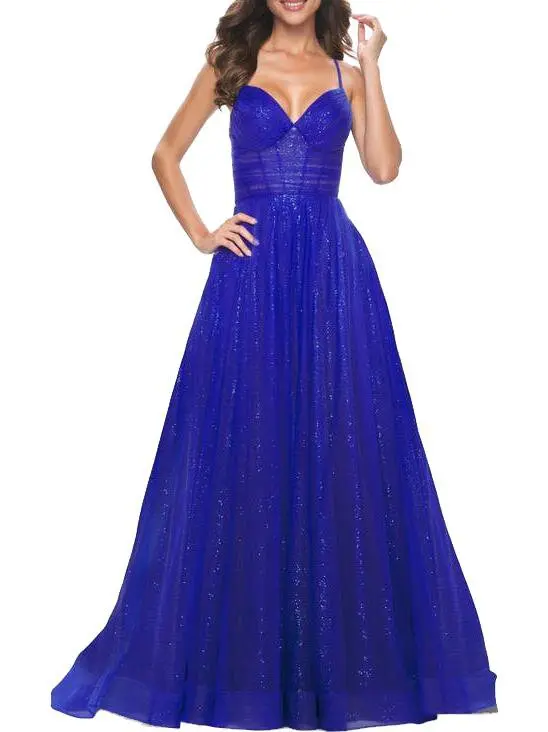 LABOMME A-line Gown With Illusion Corset Top - Electric Blue