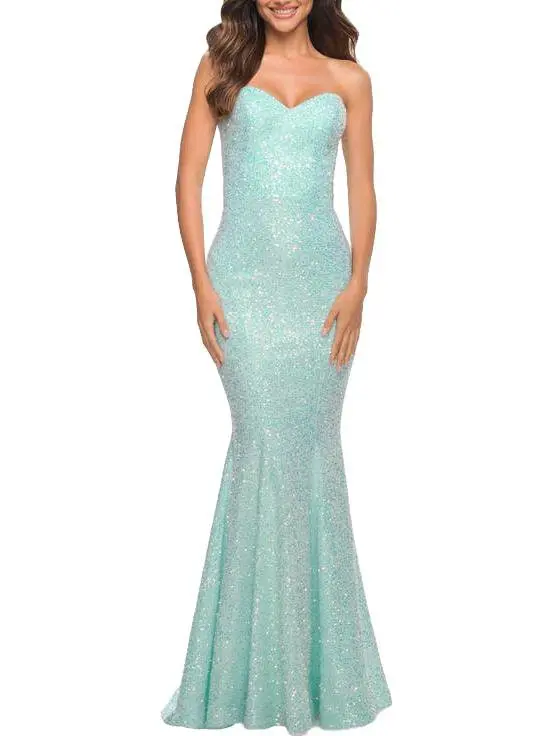 LABOMME Sequin Strapless Gown - Aqua