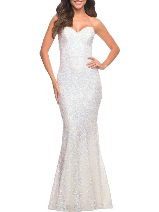 LABOMME Sequin Strapless Gown - White