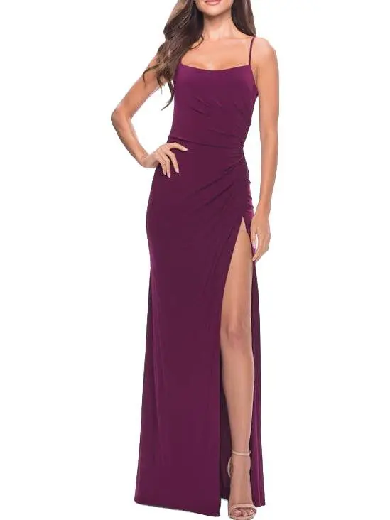 LABOMME Jersey Dress With Ruching And Slit - Dark Berry