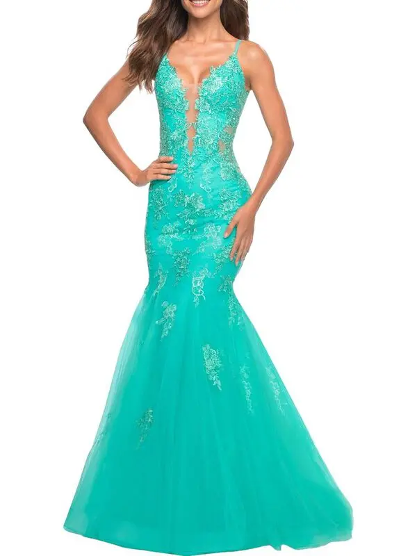 LABOMME Tulle And Lace Mermaid Gown - Aqua