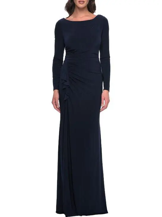 La Femme Jersey Gown With Ruffle Detail - Navy