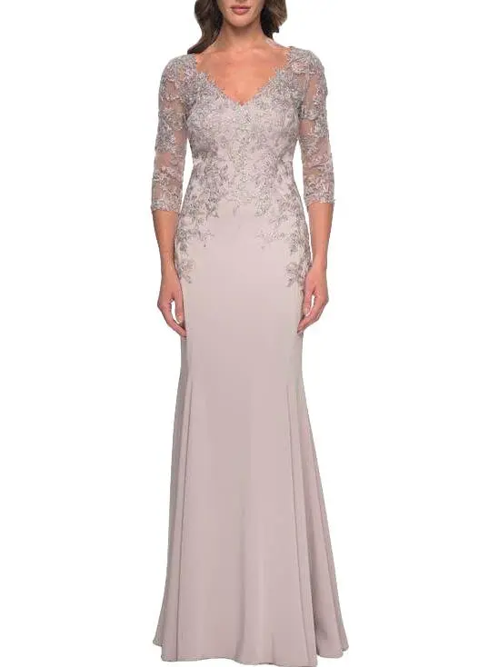 LABOMME Fitted Long Satin Dress With Lace Bodice And Sleeves - Champagne