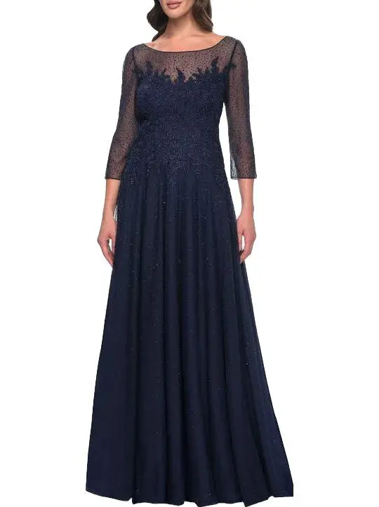 La Femme Rhinestone Embellished A-line Evening Dress - Navy