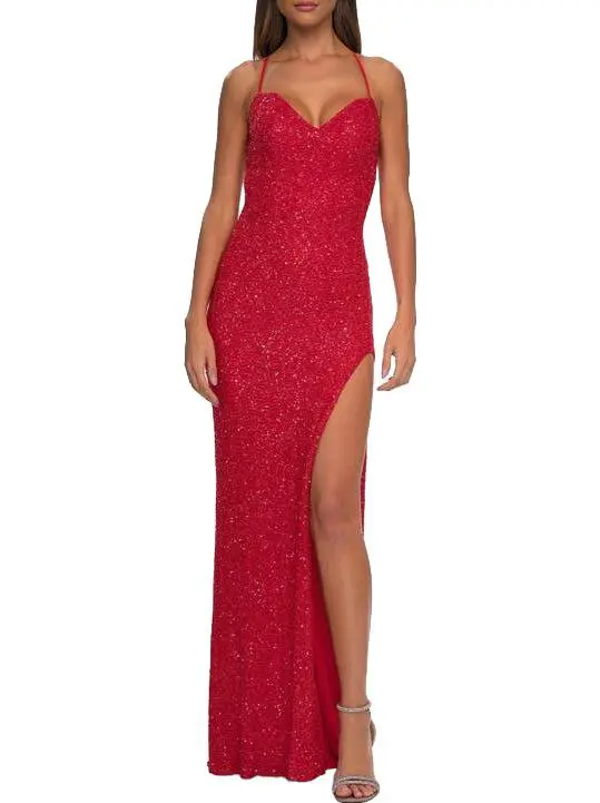 LABOMME Stretch Sequin Gown With Open Back - Hot Coral