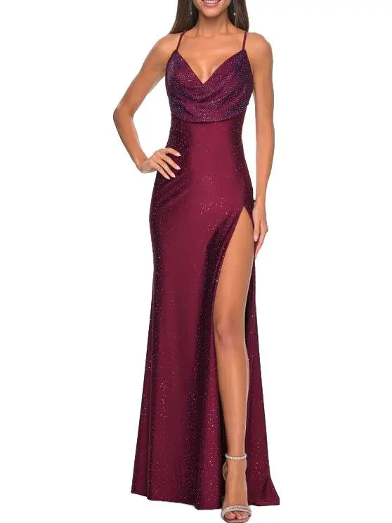 LABOMME Drape Neckline Jeweled Jersey Gown - Dark Berry
