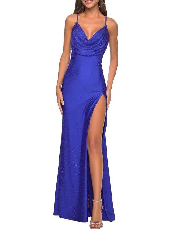 LABOMME Drape Neckline Jeweled Jersey Gown - Royal Blue