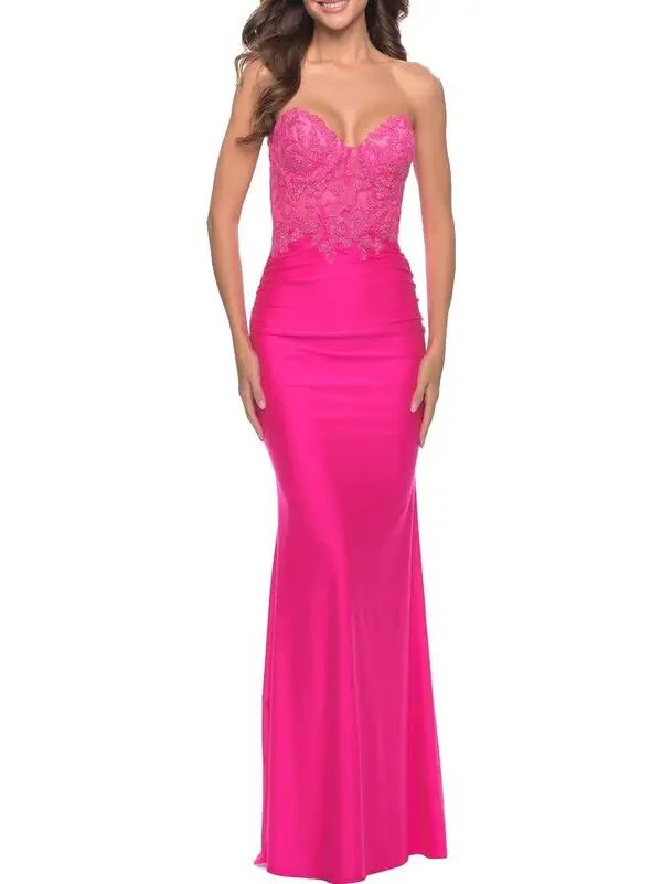LABOMME Strapless Jeweled Lace And Jersey Gown - Neon Pink