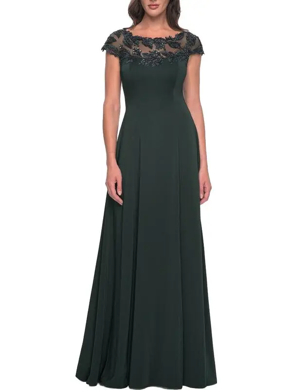 LABOMME A-line Satin Gown With Beaded Neckline - Emerald