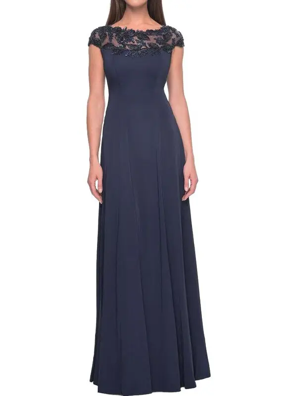 LABOMME A-line Satin Gown With Beaded Neckline - Navy