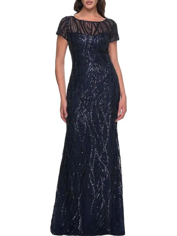 La Femme Beaded Print Fitted Gown With Illusion Neckline - Navy