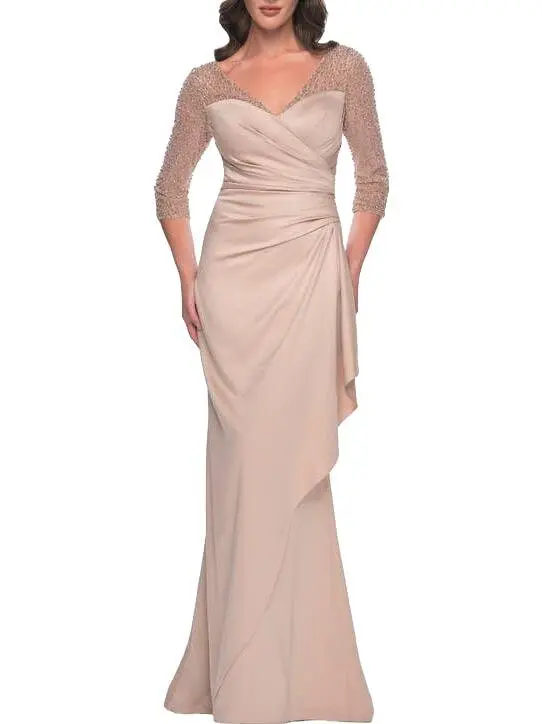 LABOMME Satin Gown With Beaded Sleeves - Champagne