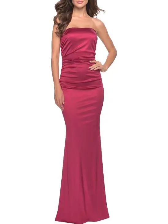La Femme Strapless Liquid Jersey Gown - Deep Red