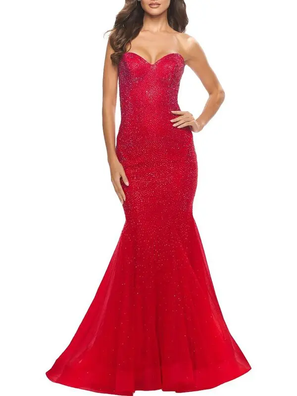 La Femme Rhinestone Mermaid Gown - Red