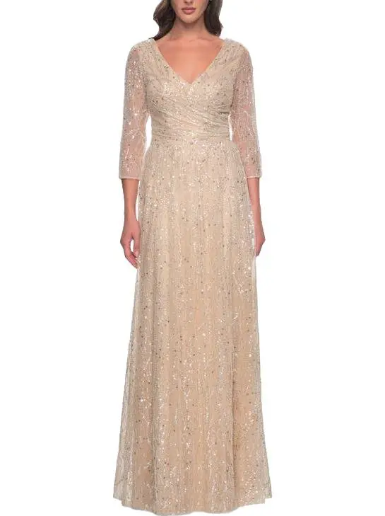 LABOMME Beaded Sequin Gown With Ruched Waist - Champagne