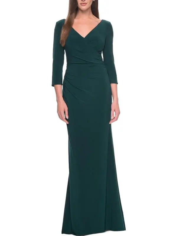 LABOMME Long Evening Dress With Wrap Neckline - Hunter Green