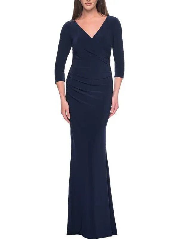 La Femme Long Evening Dress With Wrap Neckline - Navy