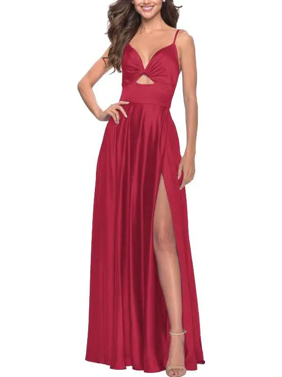 La Femme Satin A-line Gown With Cut Out Bodice - Red