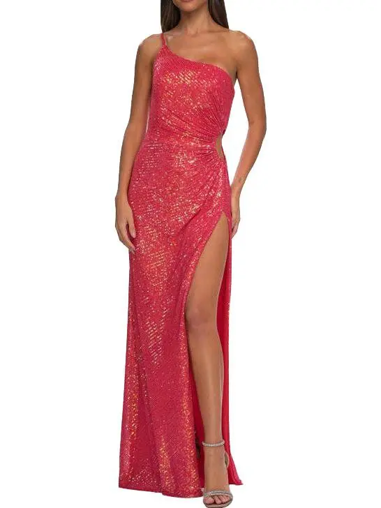 LABOMME Sequin One-shoulder Gown With Cut Out - Hot Coral
