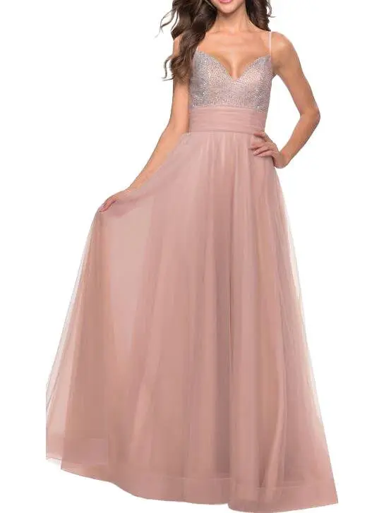 LABOMME Tulle Gown With Rhinestone Bodice - Dusty Mauve