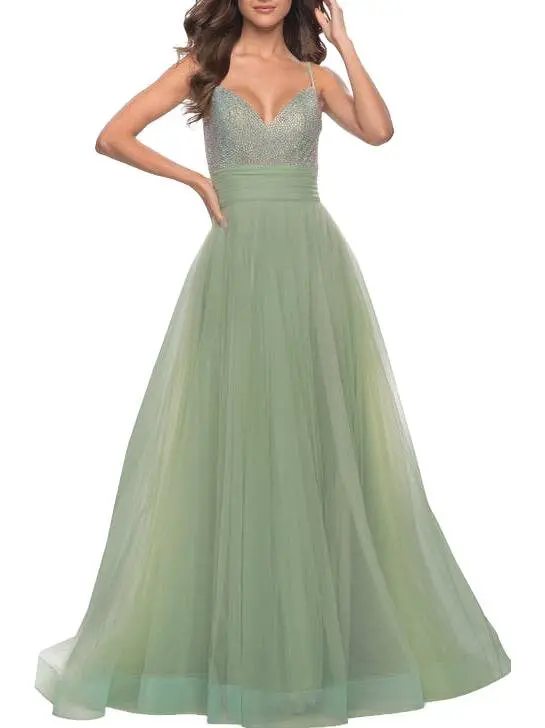 LABOMME Tulle Gown With Rhinestone Bodice - Sage