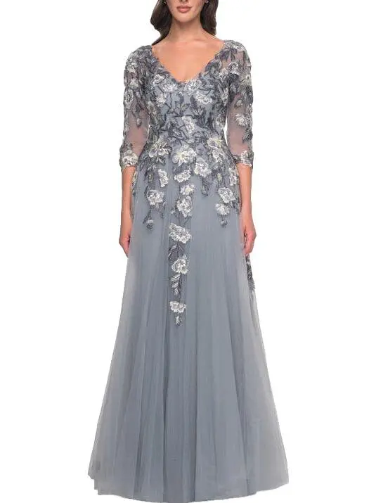 LABOMME Tulle A-line Gown With Lace Applique - Slate Blue