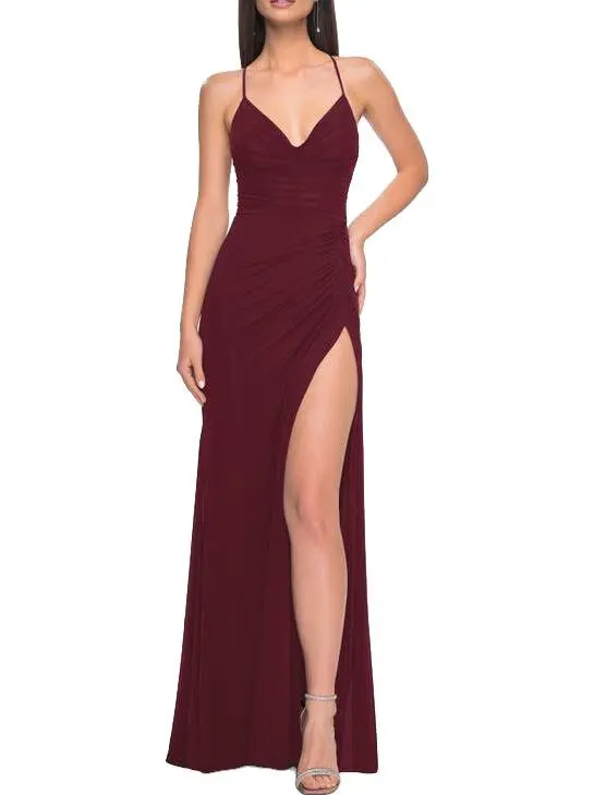 LABOMME Net Jersey Ruched Prom Dress With Illusion Bodice - Dark Berry