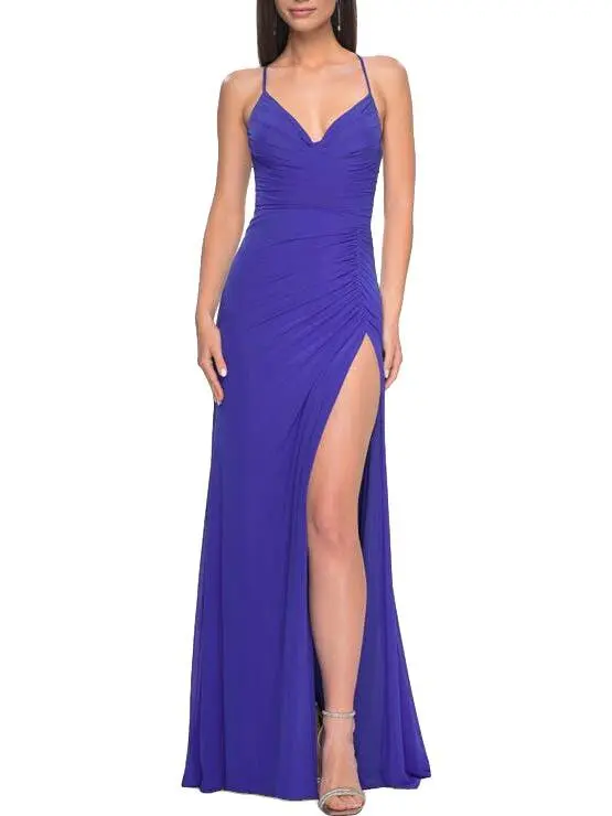 LABOMME Net Jersey Ruched Prom Dress With Illusion Bodice - Royal Blue