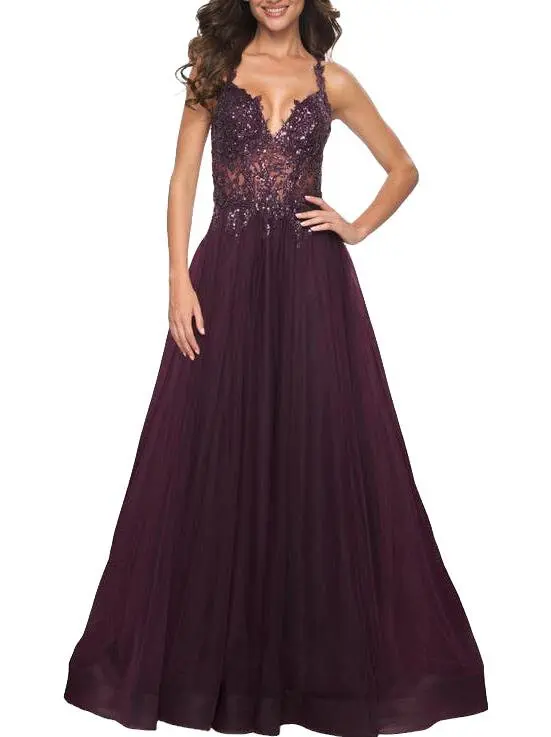 LABOMME Tulle Gown With Beaded Lace Applique - Dark Berry