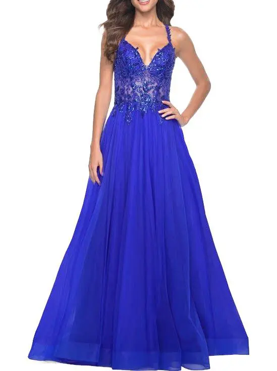 LABOMME Tulle Gown With Beaded Lace Applique - Royal Blue