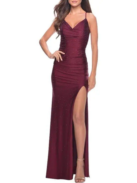 LABOMME Rhinestone Jersey Gown - Dark Berry