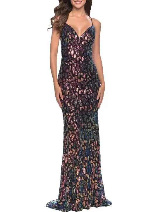 La Femme Sequin Gown With Lace-up Back - Black
