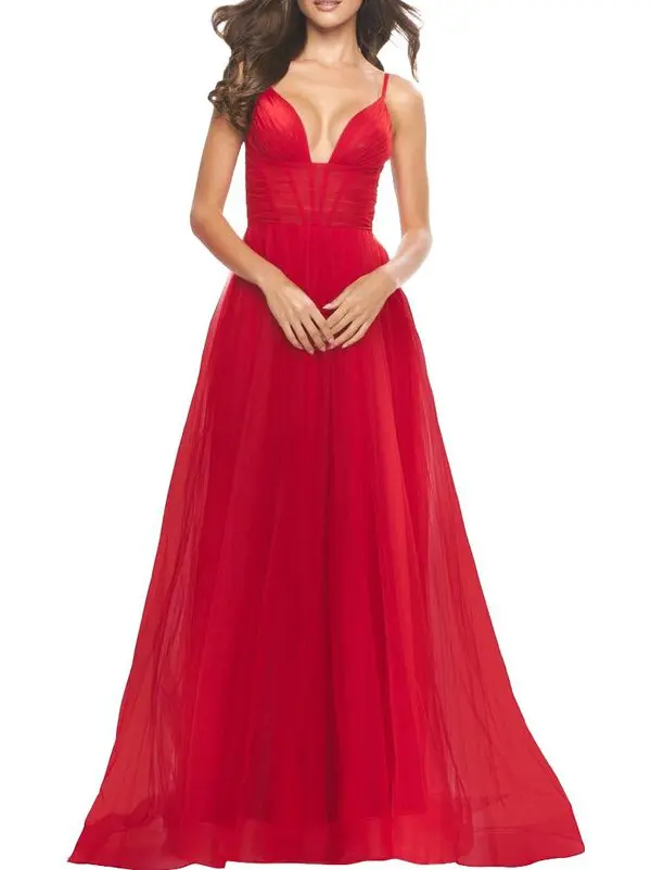 La Femme A-line Tulle Gown - Red
